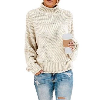 Generic Pull d&eacute;contract&eacute; et confortable &agrave; col montant pour femme, pull surdimensionn&eacute; &agrave; manches longues chauve-souris, pull ample en tricot &eacute;pais, blanc, 3XL