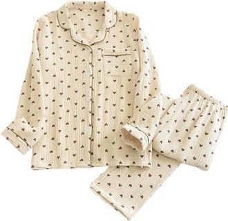 Generic Ensemble de pyjama en cr&ecirc;pe de coton pour femme 2025 &agrave; double gaze fine avec revers, v&ecirc;tements dint&eacute;rieur doux, L