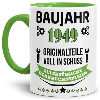 Tassendruck Geburtstags-Tasse Baujahr 1949 Innen & Henkel Hellgr&uuml;n/Kaffee-Tasse/Mug/Cup/Becher/Lustig/Witzig/Fun/Geschenk-Idee/Geburts-Jahr/Scherz-Artikel/Geburts