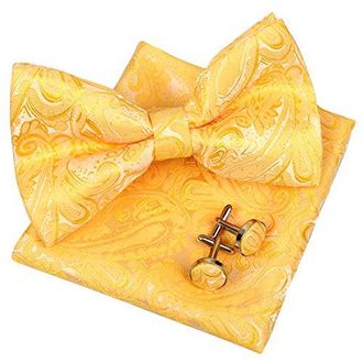 Alizeal Ensemble noeud papillon pré-noué, carré de poche et boutons de manchette pour homme Motif cachemire rétro, jaune, taille unique