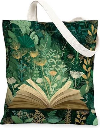 Generic Sacs fourre-tout en toile motif floral avec motif de plantes vertes, sacs d&eacute;picerie r&eacute;utilisables, vintage, l&eacute;gers et lavables avec bandouli&egrave;re, vert,
