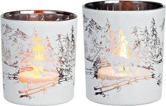 Matches 21 Windlichter Set Teelichthalter Winterwald Weihnachtsdeko aus Glas für Innen - Stimmungsvolle Kerzengläser in Weiß mit winterlichem Waldmotiv - Kerzenh