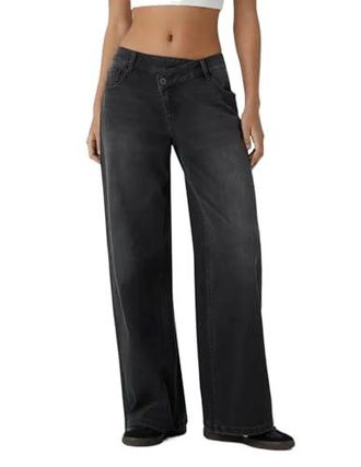 Generic &Eacute;l&eacute;gant jean baggy taille haute pour femme avec poches larges en denim d&eacute;lav&eacute; pour un ajustement confortable, Noir, XXS