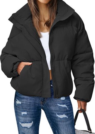 Merokeety Damen Winter Langarm Rei&szlig;verschluss Puffer Jacke Stehkragen Baggy Kurze Daunenm&auml;ntel mit Taschen, Schwarz, XL