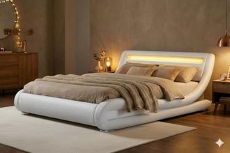 Concept Usine | Lit Double Seattle 160x200 cm avec LED | Design Moderne en Simili Blanc | T&ecirc;te de Lit Lumineuse | T&eacute;l&eacute;commande LED 4 Couleurs Incluse | Structure Pl