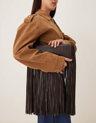 Mango Sac en cuir drap&eacute; &agrave; franges - Marron chocolat-Brown