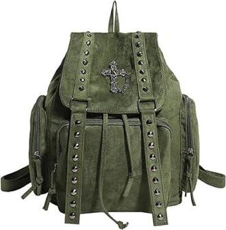 Generic Sac &agrave; dos d&eacute;cole gothique Punk pour femmes, grand sac &agrave; dos &agrave; Rivets avec cordon de serrage (vert)