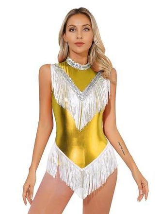 TiaoBug Femme Justaucorps de Gymnastique M&eacute;tallique Combinaison Body de Danse Frang&eacute;e Brillante L&eacute;otards Danse Ballet Jazz Latine Tango Dancewear S-XXL Or E M