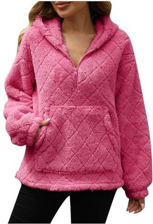 Generic 2026 Vestes &agrave; capuche pour femmes, coupe ample, demi-fermeture &eacute;clair, sweat &agrave; capuche confortable et d&eacute;contract&eacute;, rose vif, XXL