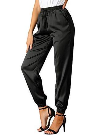 Allegra K Pantalon de Sport en Satin avec Cordon de Serrage et Poche pour Femme, Noir, Taille M