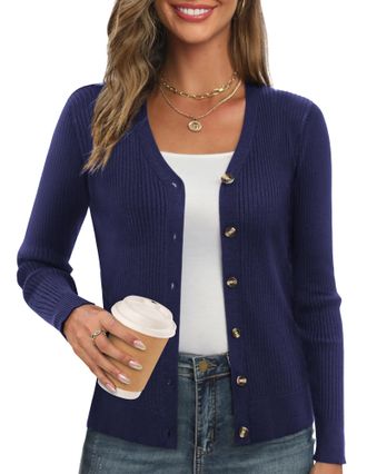 Grace Karin Strickjacke Damen Elegant Langarm Gerippt V-Ausschnitt Knopfleiste Warm Herbstmode Wintermode Pullover