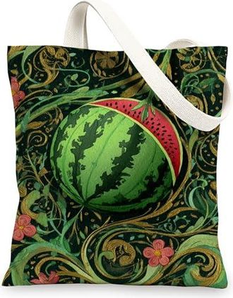 Generic Sacs fourre-tout en toile motif pastèque, sacs de courses réutilisables, sacs à provisions vintage floraux, légers et lavables, vert, 13x15 Inch