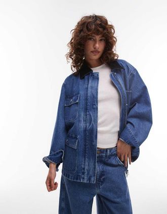 Arket Veste workwear en jean oversize style barn jacket avec poches &agrave; rabat et col contrastant-Bleu
