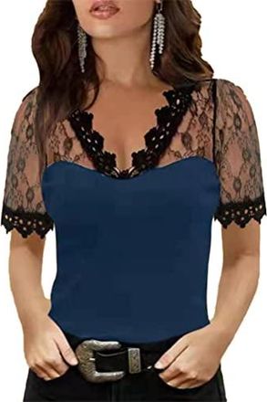 Onsoyours Hauts Femme Mode Col en V Blouse Dentelle Manches Longues T-Shirts Couleur Unie Basique Shirt Élégant Tops Lâche Mousseline Chemise B Bleu Foncé XXL