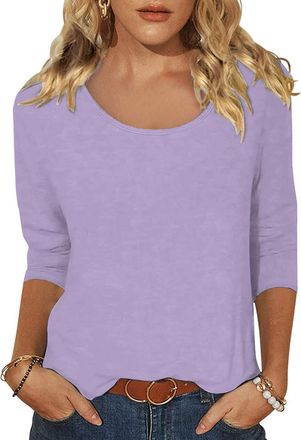 Minetom Damen T-Shirt 3/4 Arm Shirt mit Rundhalsausschnitt Tshirt Sommer Basic Pullover Oberteile Herbst A Violett XXL