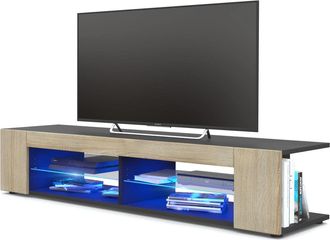 Vladon Lowboard Movie, TV-Kommode mit 4 offenen Fächern und Zierleisten, Schwarz matt/Eiche Sägegrau, inkl. LED-Beleuchtung blau (134 x 29 x 39 cm)