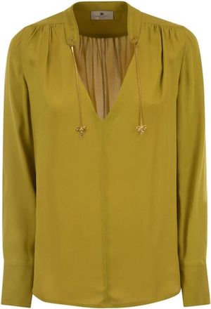 Elisabetta Franchi Femme, Blouses et Chemises, Jaune, Taille: 38 FR Blouse &agrave; col en V avec d&eacute;tail de cha&icirc;ne