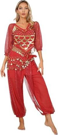 TiaoBug Femme D&eacute;guisement Indienne Princesse Robe de Danse du Ventre Paillette Haut Top de Danse Orientale et Harem Pantalon Costume Carnaval Halloween Rouge 