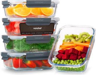 VonShef Glas Meal-Prep Boxen Set mit Deckel - 5-teiliges Frischhaltedosen, 1050 ml, ofen- & mikrowellengeeignet, sp&uuml;lmaschinenfest, auslaufsicher - ideal zum 