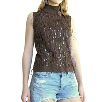 Escada Brown Wool Feather Sequins Sleeveless Top Size L