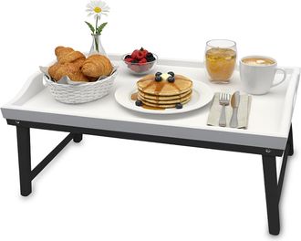 Relaxdays Betttablett, Bambus, HxBxT: 20 x 50 x 30 cm, Serviertablett mit F&uuml;&szlig;en, Griffe, Fr&uuml;hst&uuml;ck im Bett, wei&szlig;/grau