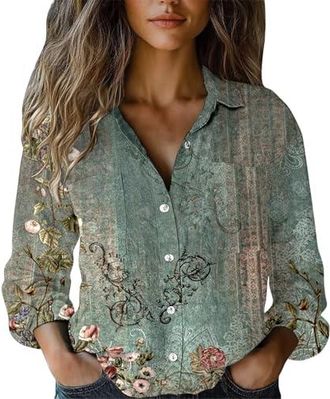 Generico Chemise Femme d&Eacute;t&eacute; D&eacute;contract&eacute; &agrave; Manches Longues Chemises Coton Et Lin &Eacute;l&eacute;gant Respirant Blouse Col en V L&eacute;ger T Shirt Vintage Imprim&eacute; avec Boutons Mo