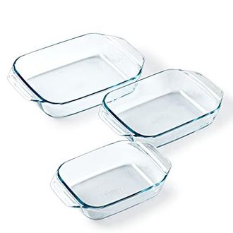 Pyrex Lot de 3 Plats à Four Rectangulaires - Idéal 2 à 6 personnes - 3 Tailles - Verre Borosilicate - Larges Poignées - Résistance Extrême - Compatible Lave