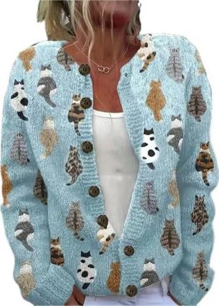 Generic Pull chat pour femme, cardigan &agrave; boutons, cardigan kawaii &agrave; manches longues, veste de No&euml;l, moche, chaud, mignon, tricot roun, bleu, Taille XL
