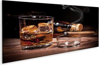 Islandburner Leinwandbild Whisky Mit Zigarre Und Eis Auf Holztisch - Leinwand 120x40cm - Panorama