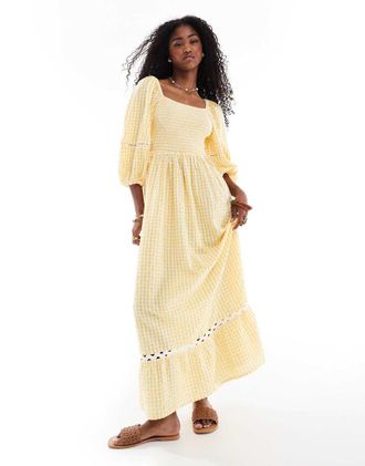 Accessorize Robe de plage longue &agrave; carreaux vichy et manches bouffantes - Orange