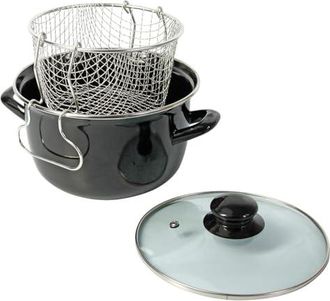 Crealys 545413 Fritteuse, traditionell, aus emailliertem Stahl, schwarz, &Oslash; 26 cm - mit verzinntem Korb + Glasdeckel - f&uuml;r alle Herde, auch Induktion