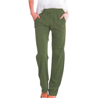 Generic Pantalon en lin pour femme Printemps &eacute;t&eacute; habill&eacute; taille haute avec cordon de serrage en coton droit Pantalon de d&eacute;tente Pantalon de plage, Vert, XXL
