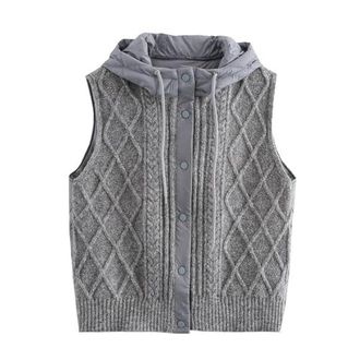 Generic Gilet matelass&eacute; &agrave; capuche en tricot pour femme, veste l&eacute;g&egrave;re rembourr&eacute;e sans manches pour femme, gilet chaud dhiver &agrave; capuche en tricot, gris, Taille 