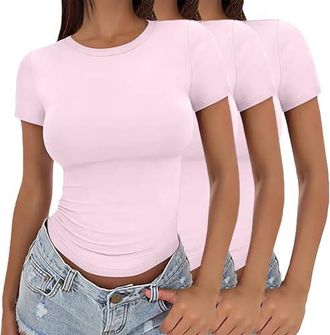 Generic Lot de 3 t-shirts &agrave; manches courtes pour femme - Maillot de corps basique court - T-shirts d&eacute;t&eacute; Y2K - Couleur unie - Coupe ajust&eacute;e - Pour adolescentes