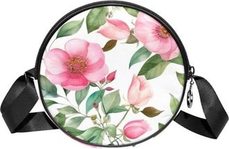 Generic Petit sac &agrave; bandouli&egrave;re circulaire pour femme, motif feuilles florales, sac &agrave; dos avec fermeture &eacute;clair, bretelles r&eacute;glables, sac &agrave; main rond d&eacute;contra