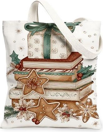 Generic Sacs fourre-tout en toile de pain d&eacute;pice de No&euml;l, sacs r&eacute;utilisables, rustiques, l&eacute;gers et lavables avec bandouli&egrave;re, blanc, 13x15 Inch