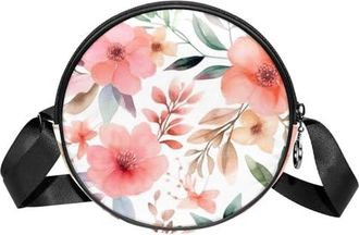 Generic Sac &agrave; bandouli&egrave;re rond pour femme, motif fleurs et feuilles, sac &agrave; dos avec fermeture &eacute;clair, bretelles r&eacute;glables, sac &agrave; main rond d&eacute;contract&eacute; pour fe