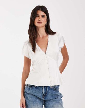 Abercrombie & Fitch blouse col V &agrave; manches courtes cr&egrave;me-Blanc