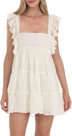 Generic Mini robe nuisette courte d&eacute;t&eacute; pour femme avec col carr&eacute; et manches volant&eacute;es, A-ivoire, L