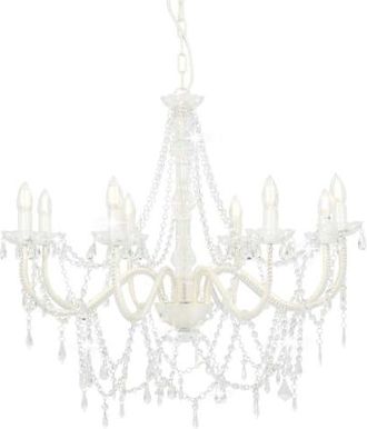 vidaXL Lustre avec Perles Lampe Suspendue Plafonnier Luminaire Eclairage Int&eacute;rieur Salon Salle de S&eacute;jour Chambre &agrave; Coucher Maison Blanc 8 Ampoules
