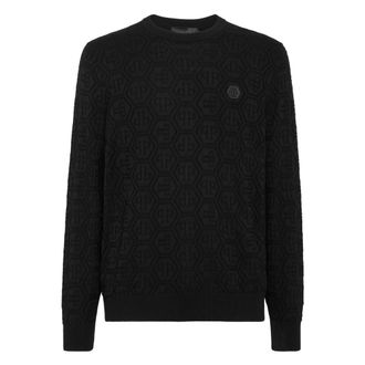 Philipp Plein Homme, Pulls, Noir, Taille: 3XL Silk/Wool Pullover LS Monogram