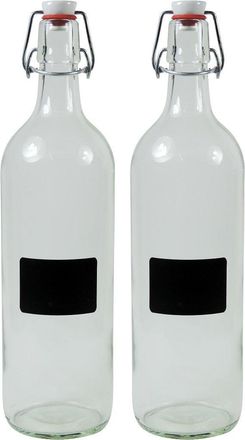 mikken Art 2 x leere Glasflasche 1000 ml mit Bügelverschluss aus Porzellan zum selber befüllen, inkl 2 Beschriftungsetiketten