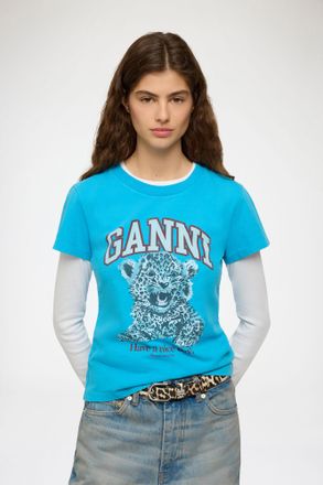 Ganni Dresden blau T-Shirt im Baby-Fit mit blauem Tiger Bio-Baumwolle - Gr&ouml;&szlig;e XXS