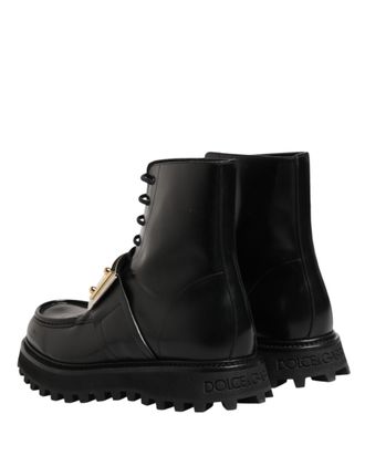 Dolce & Gabbana Leather DG Plaque Lace-Up Boot - Black