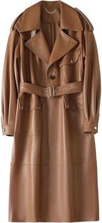 Generic Trench-coat en cuir v&eacute;ritable pour femme - Grande veste &agrave; revers en peau de mouton longue et &eacute;paules tombantes &agrave; lacets, EN8, S