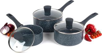 Russell Hobbs COMBO-4838A Nightfall Stone Antihaftbeschichtete Kochgeschirr mit Deckel aus Hartglas, 3-teiliges Kochgeschirr-Set, 16/18/20 cm, Induktionswannen, gee