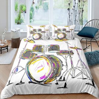 Generic Schlagzeug 3D Gedruckter Bettbezug Set Bettwäschegarnitur Für Kinder Mädchen Jungen Reissverschluss Und Kissenbezüge Weich Microfaser Bettwäsche 3 Tei