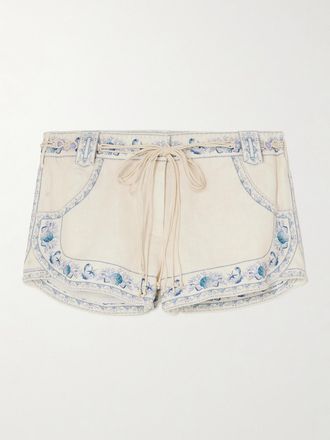 Zimmermann Wanderlust Shorts Aus Bedrucktem Leinen Mit Bindegürtel - Blau