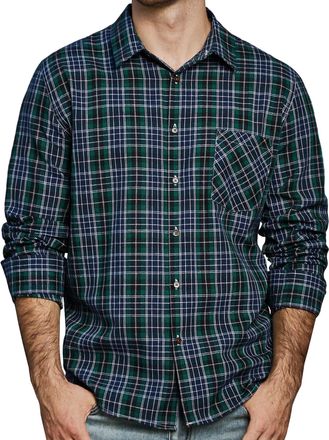 JOGAL Herren Kariertes Hemd Langarm Regular Fit Trachtenhemd Button Down Baumwolle Freizeithemd mit Tasche MarineGrün 3X-Large