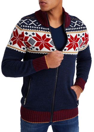 LEIF NELSON Herren Strickjacke mit Rei&szlig;verschluss - Norwegischer Stil, M&auml;nner Winterjacke mit Stehkragen - Warm und Bequem, Ideal f&uuml;r Herbst und Winter Blau XX-La